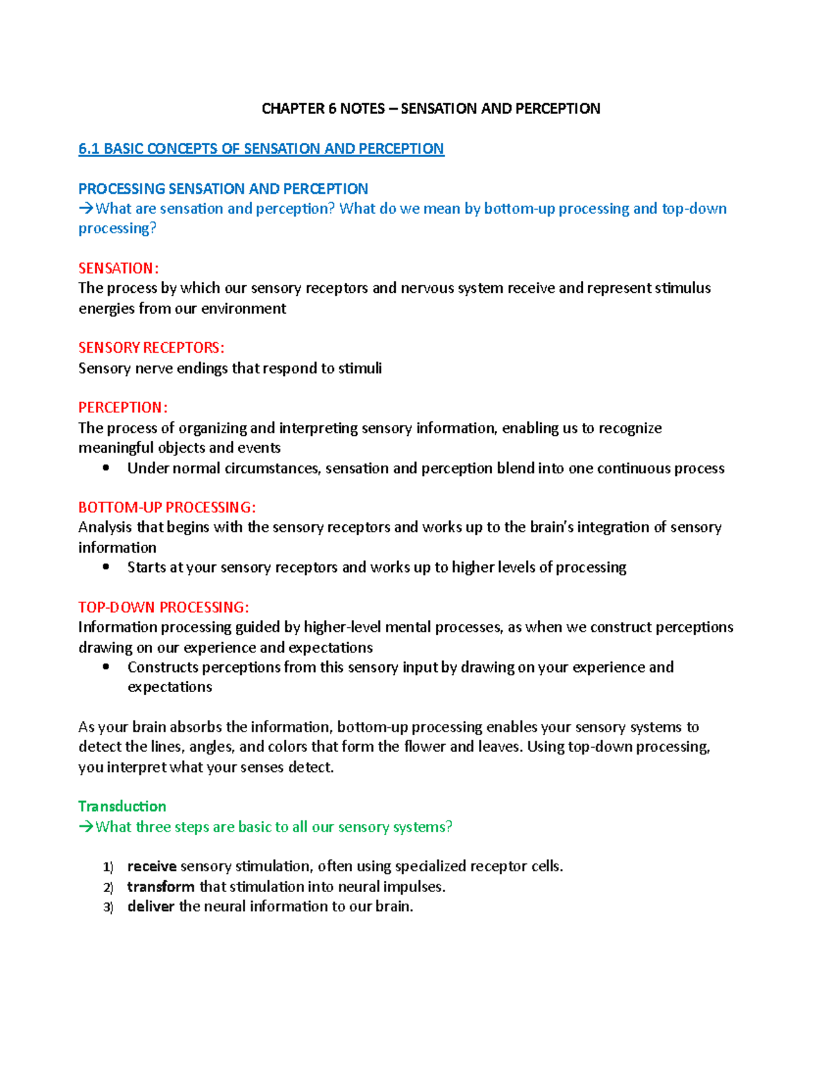 Chapter 6 Notes - CHAPTER 6 NOTES – SENSATION AND PERCEPTION 6 BASIC ...