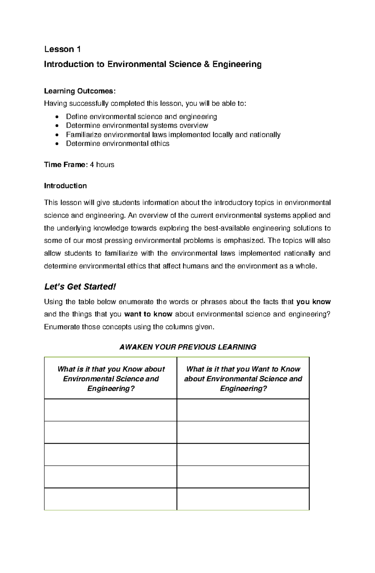 Lesson 1 - Introduction to Environmental Science Engineering - Lesson 1 ...