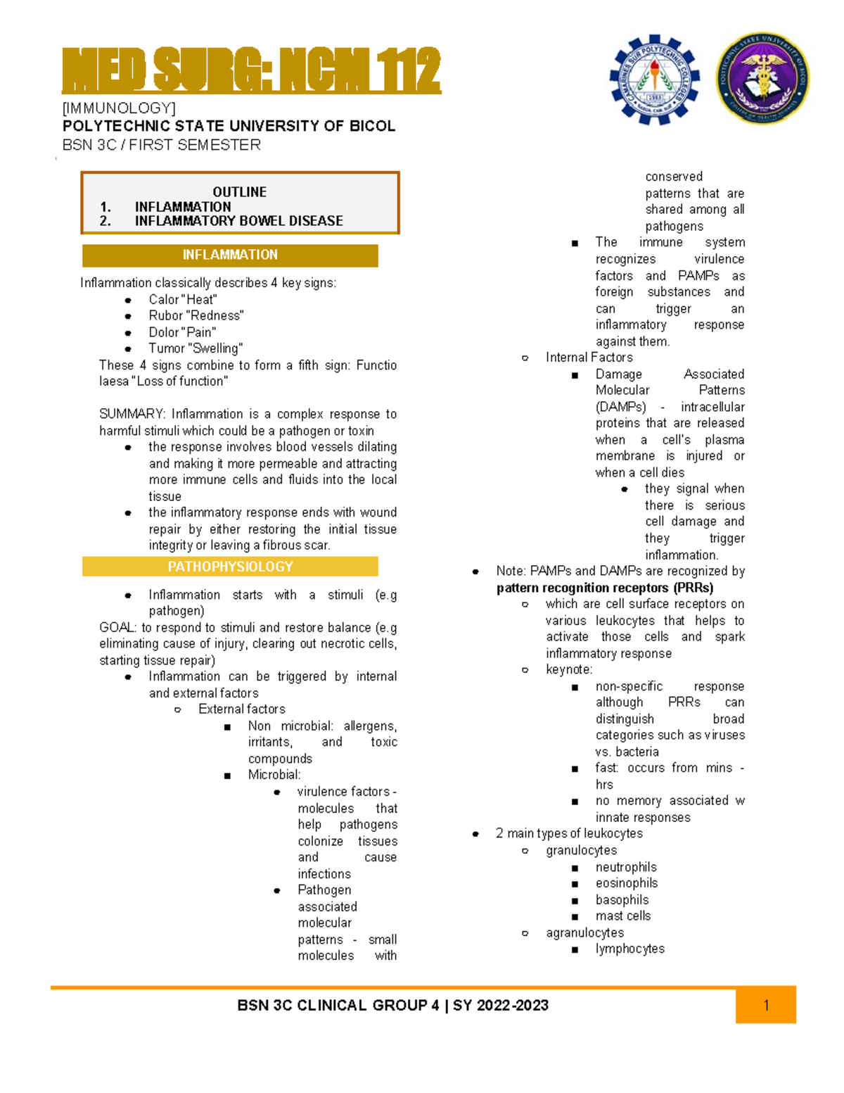 [ Trans Finals] NCM 112 Medsurg - [IMMUNOLOGY] POLYTECHNIC STATE UNIVERSITY OF BICOL BSN 3C ...