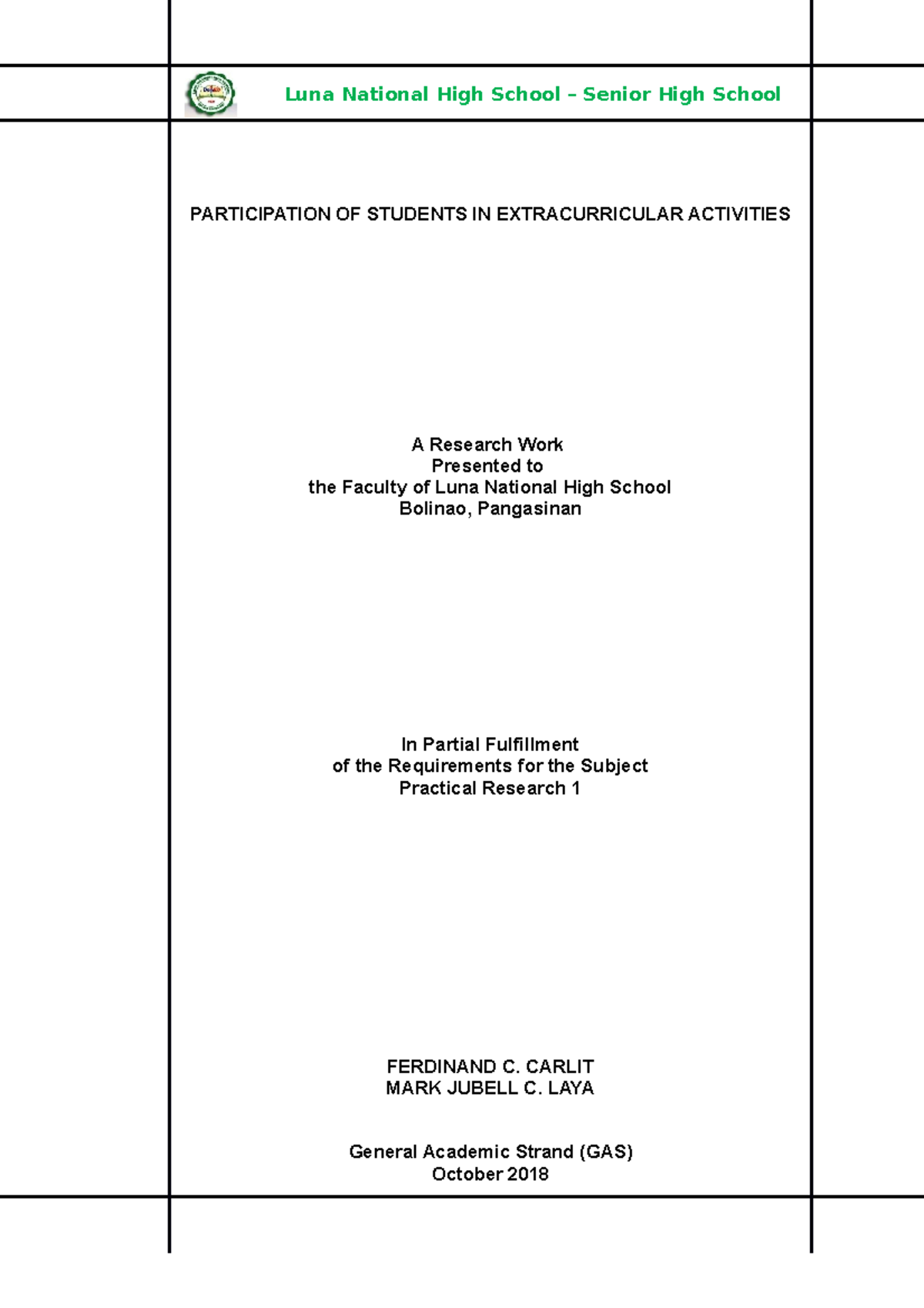 Practical Research 1 Carlit LAYA Final Output - BS. education - PangSU ...