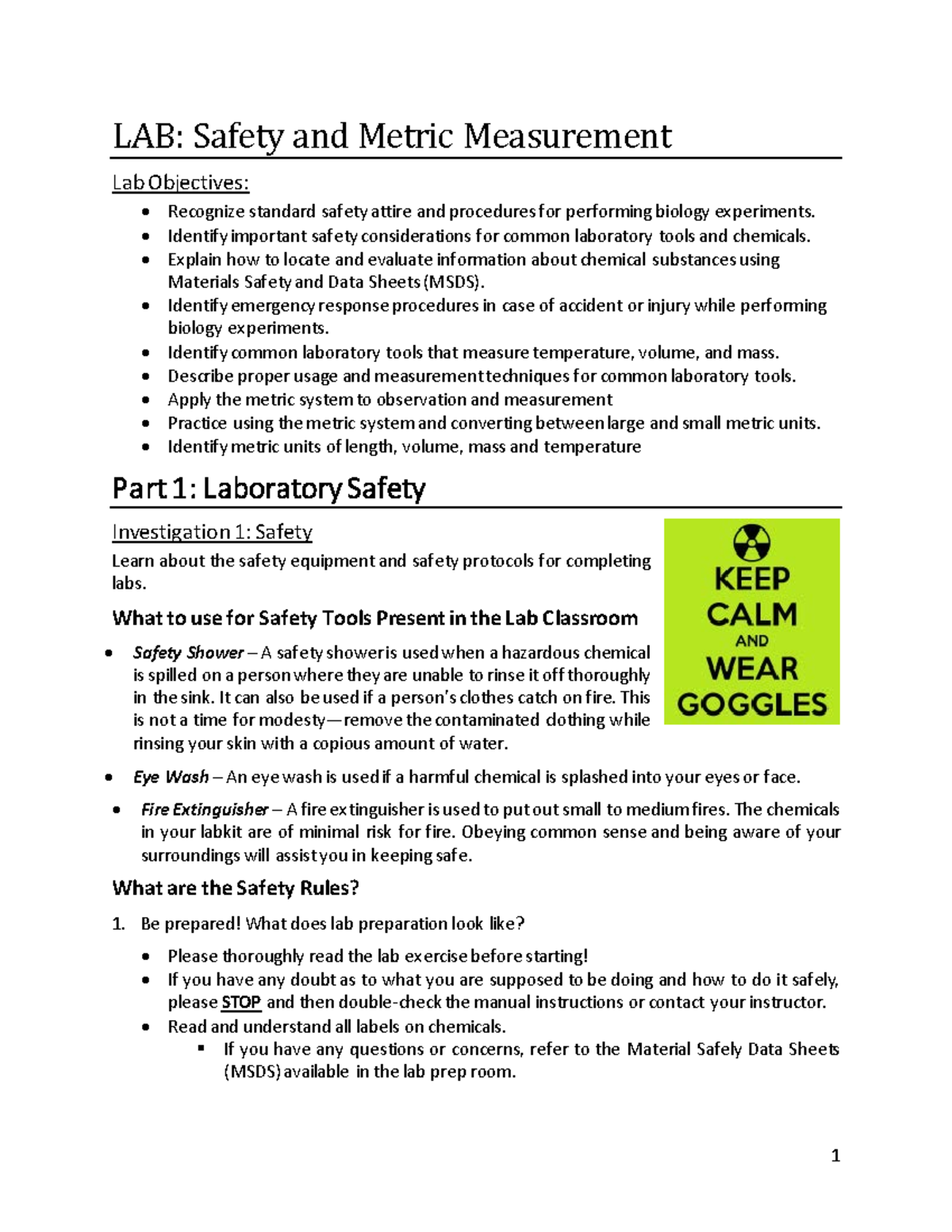 BIOL 1406, Lab #1 - Safety & Metric Measurements - LAB: Safety and ...