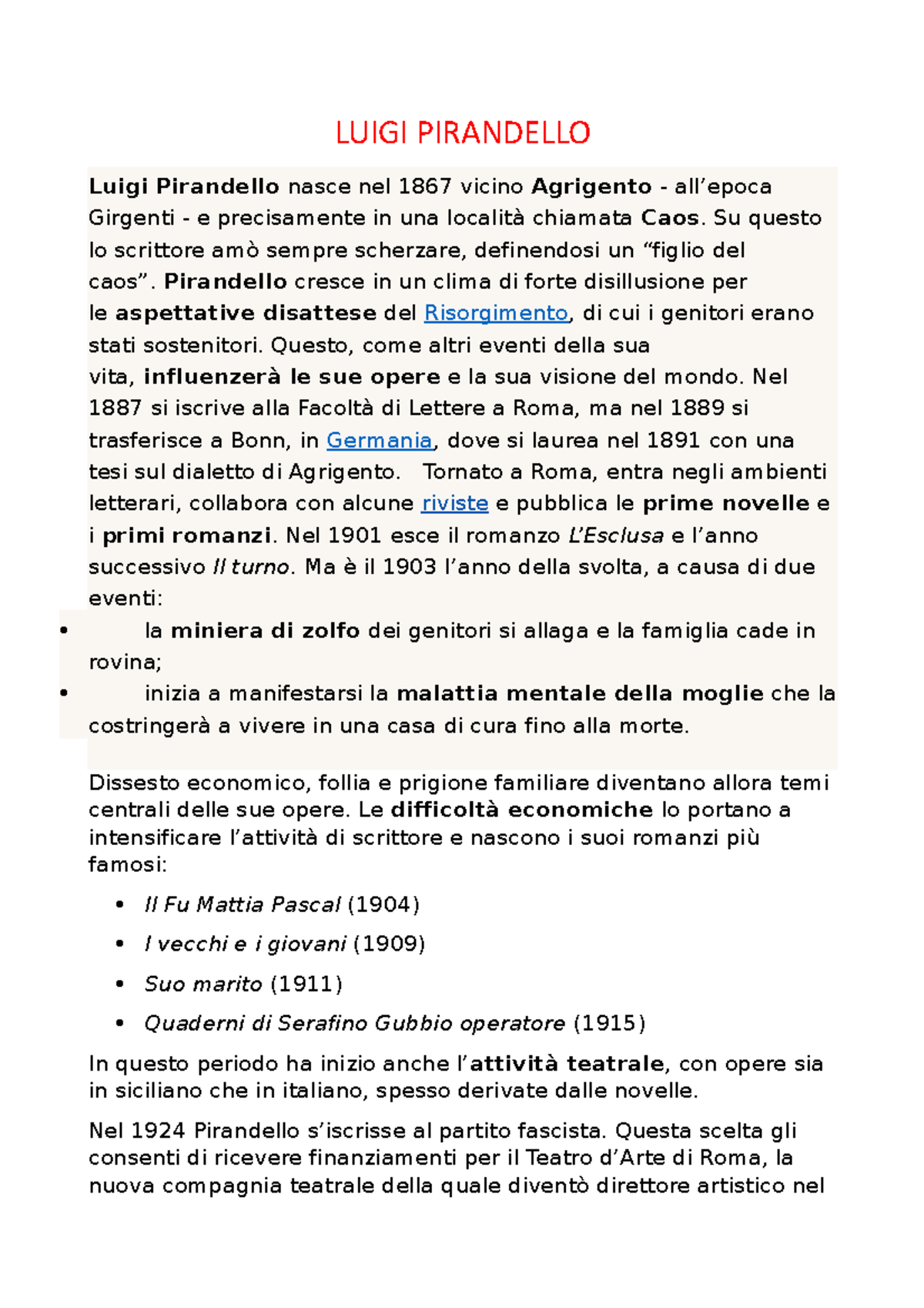 Pirandello - appunti - LUIGI PIRANDELLO Luigi Pirandello nasce nel 1867 vicino Agrigento - all ...