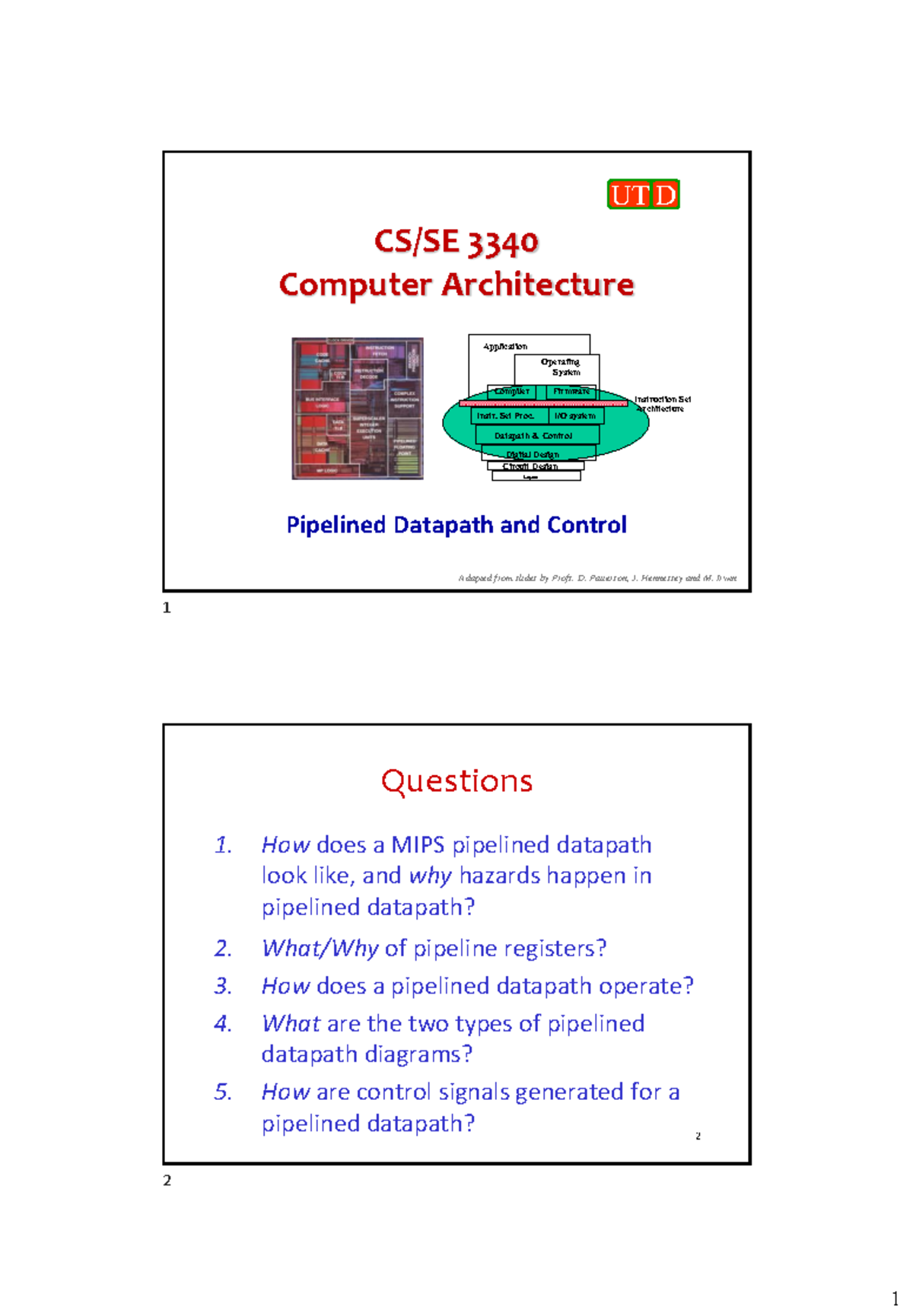 19 - Pipelined Datapath - Pipelined Datapath and Control UT D CS/SE 3340 Computer Architecture ...