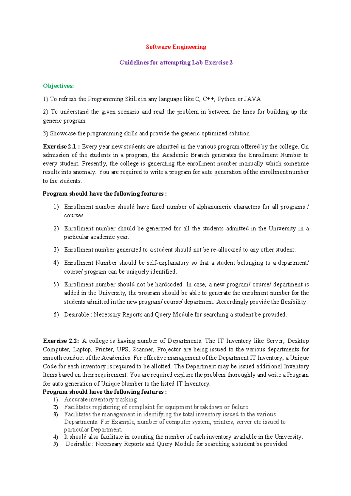 Guidelines for Lab 2 - Notes - Objectives: Software Engineering ...