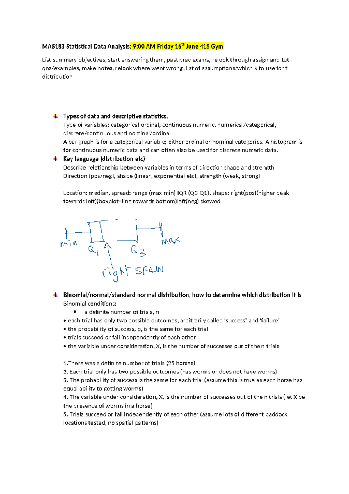 Sem 1 exam study notes MAS183 - MAS183 Statistical Data Analysis: 9:00 ...