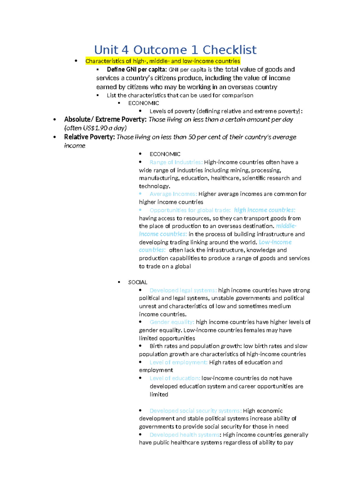 Unit 4 Outcome 1 Checklist - Unit 4 Outcome 1 Checklist Characteristics ...