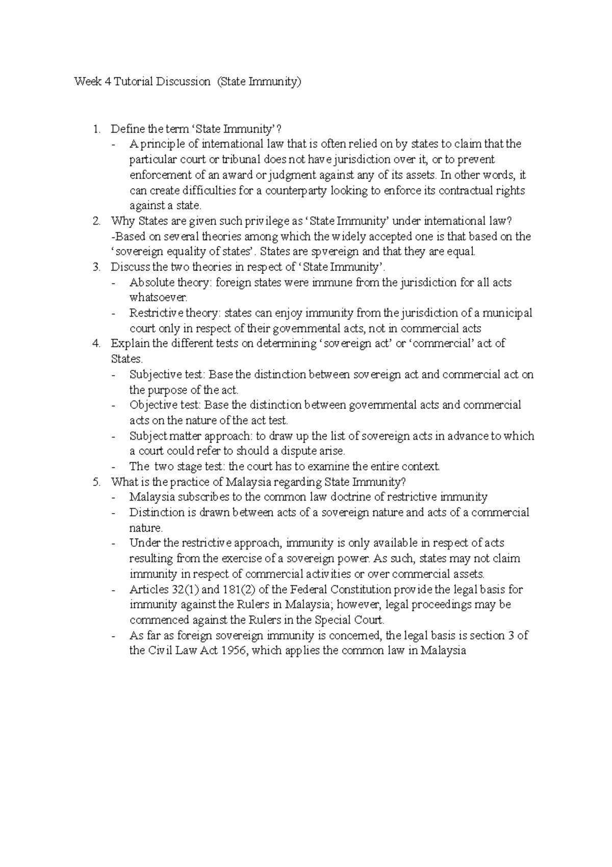 PIL tuto week 4 - Week 4 Tutorial Discussion (State Immunity) Define the term ‘State Immunity ...