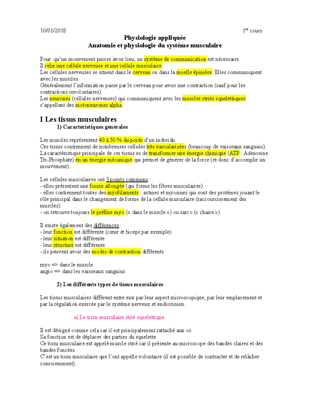 Phisio appliqué C1 - physio cours 1 - 10/01/2018 1 er cours Physiologie appliquée Anatomie et ...