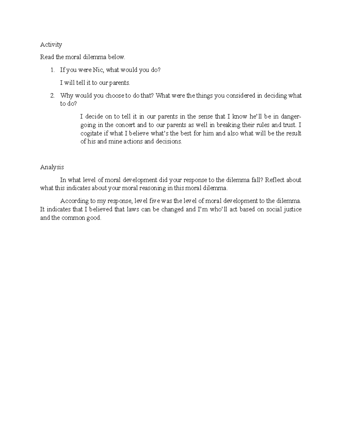 IM 9 ( Child AND Adolescents) - Activity Read the moral dilemma below ...