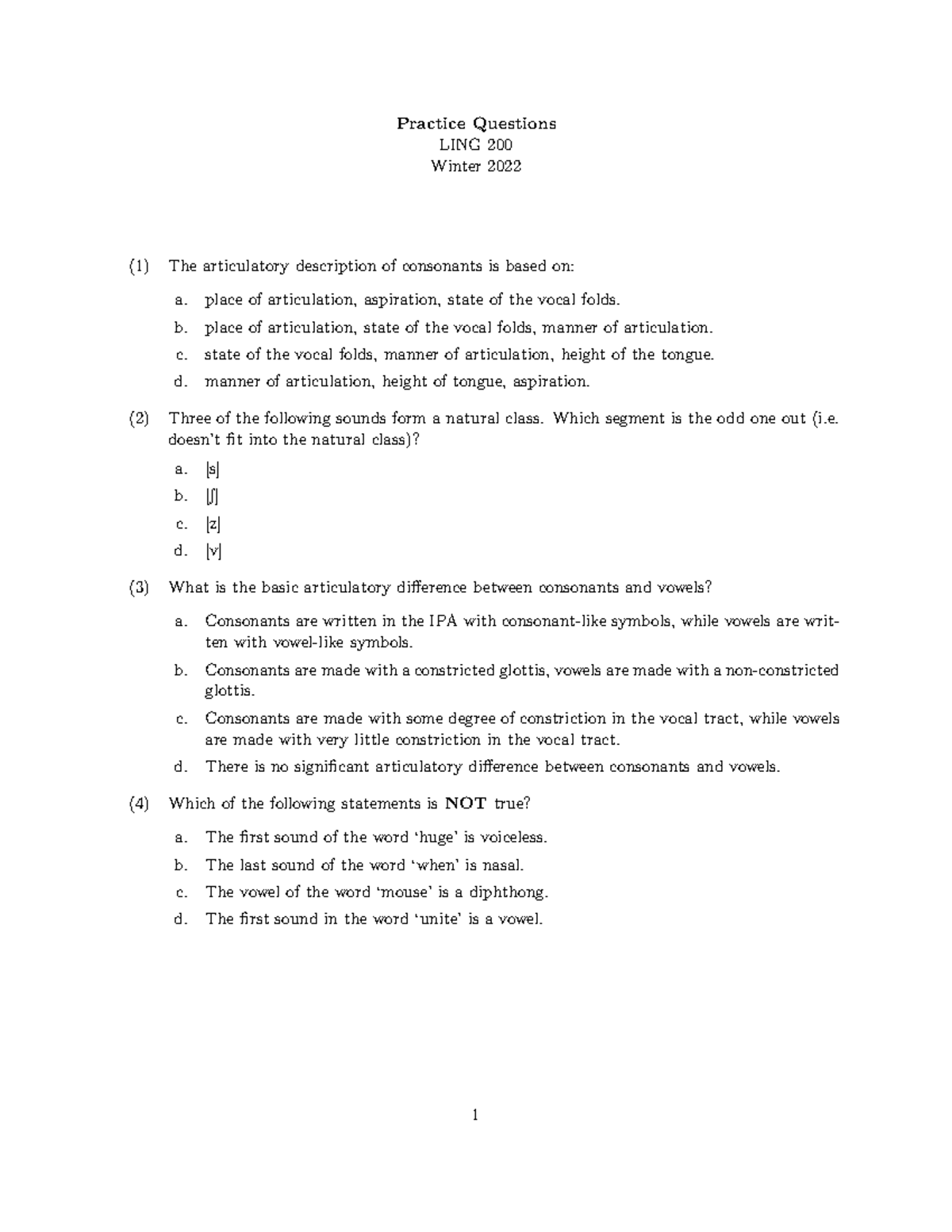 Exam 3 Practice Questions - Practice Questions LING 200 Winter 2022 (1 ...