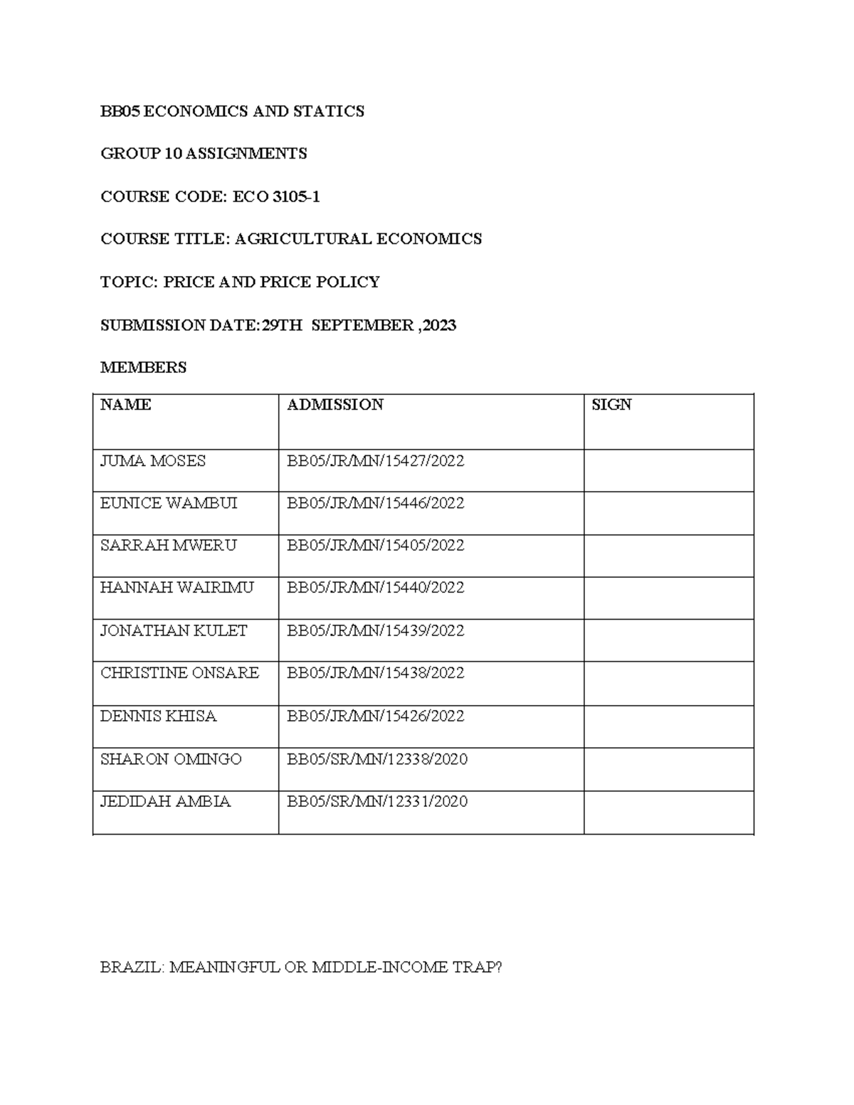 Development economics assn - BB05 ECONOMICS AND STATICS GROUP 10 ...