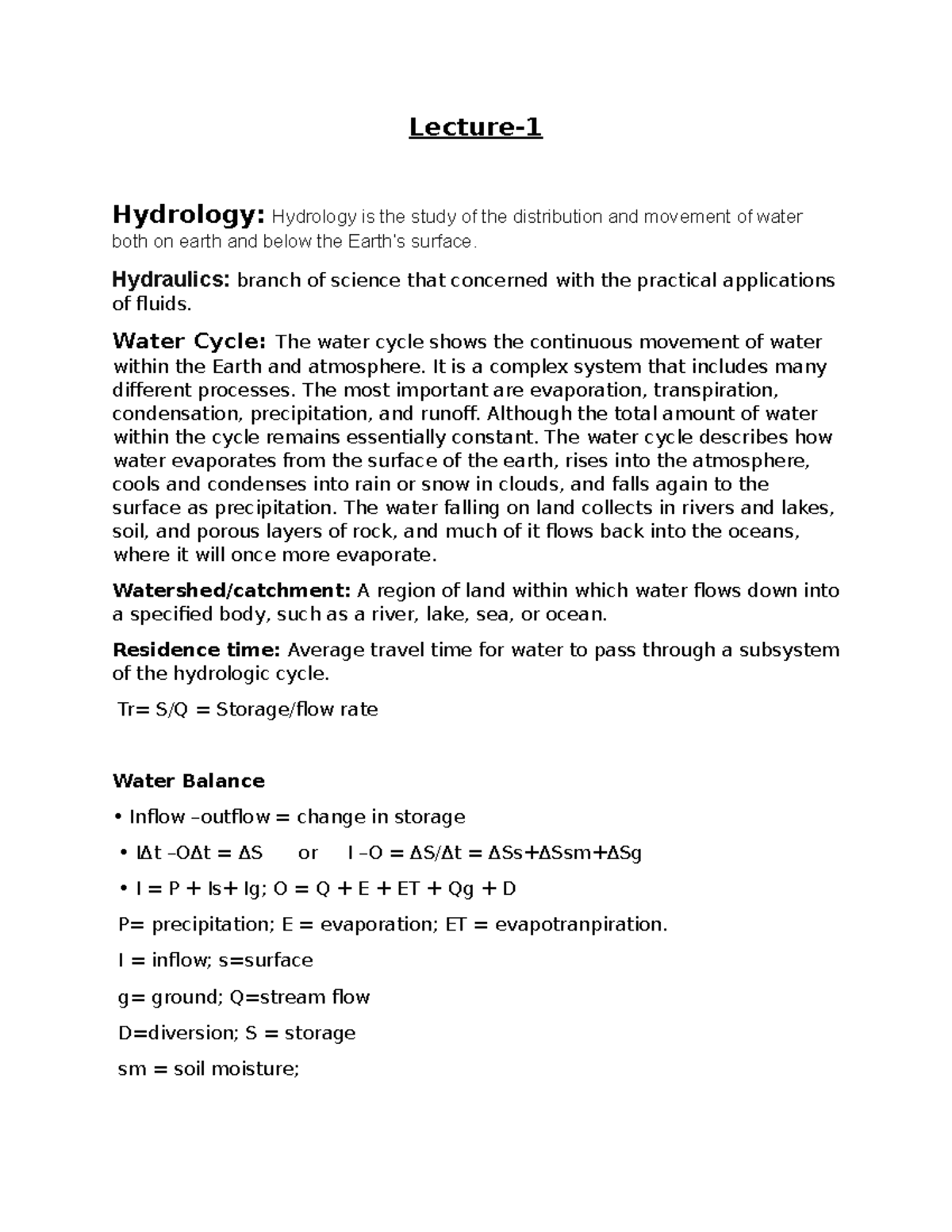 Exam preparation note - Lecture- Hydrology: Hydrology is the study of ...