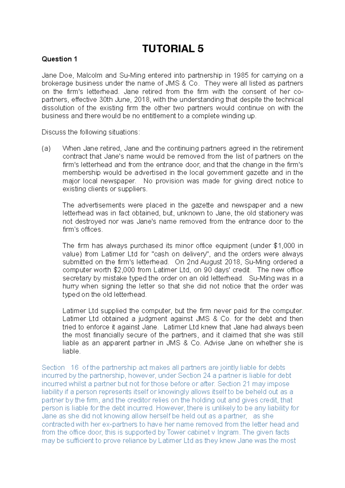 Tutorial 5 - TUTORIAL 5 Question 1 Jane Doe, Malcolm and Su-Ming ...