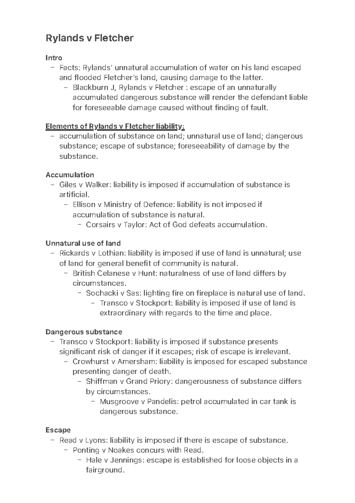 Rylands v Fletcher - ... - – – – – – – – – – – – – – – – – – Rylands v ...