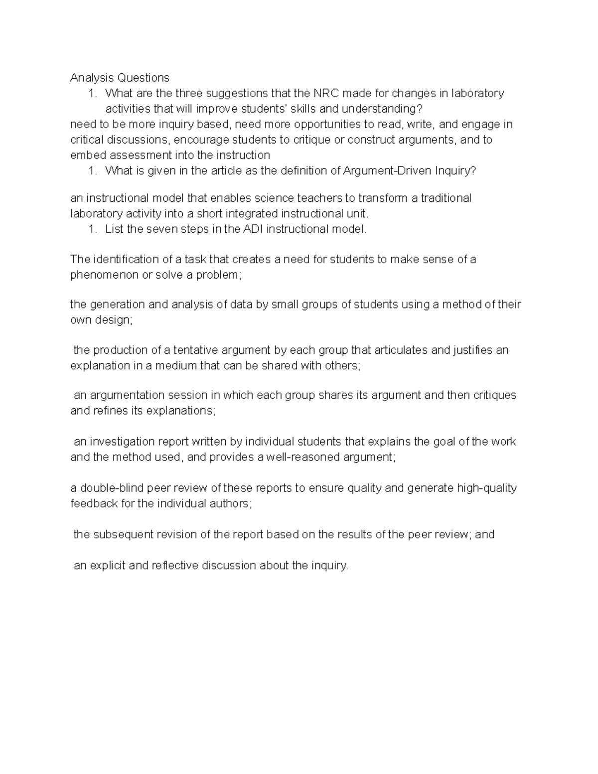 Argument Driven Inquiry - Analysis Questions 1. What are the three ...