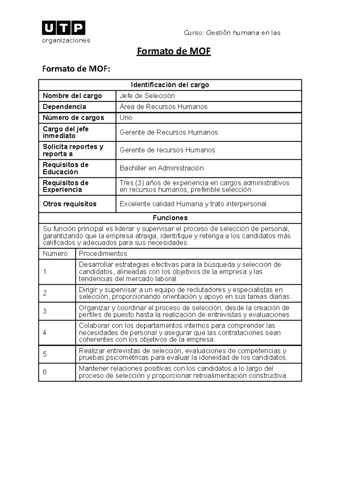 Semana 6 Formato de MOF - Tarea - Curso: Gestión humana en las organizaciones Formato de MOF ...