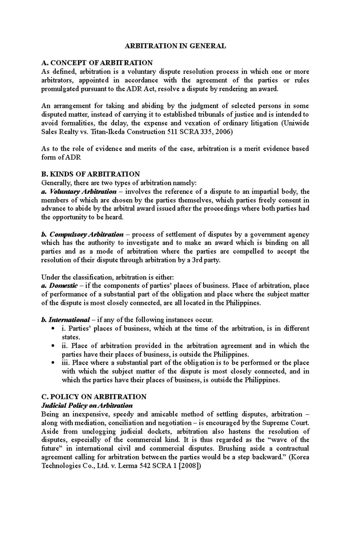 ADR Arbitration in General - ARBITRATION IN GENERAL A. CONCEPT OF ARBITRATION As defined, - Studocu