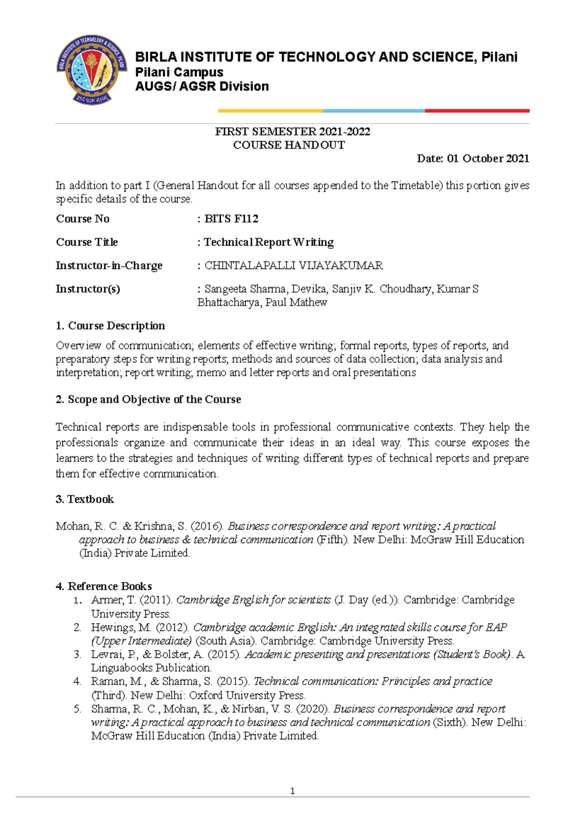 BITS F112 Technical Report Writing Handout 2021 22 October - BIRLA ...