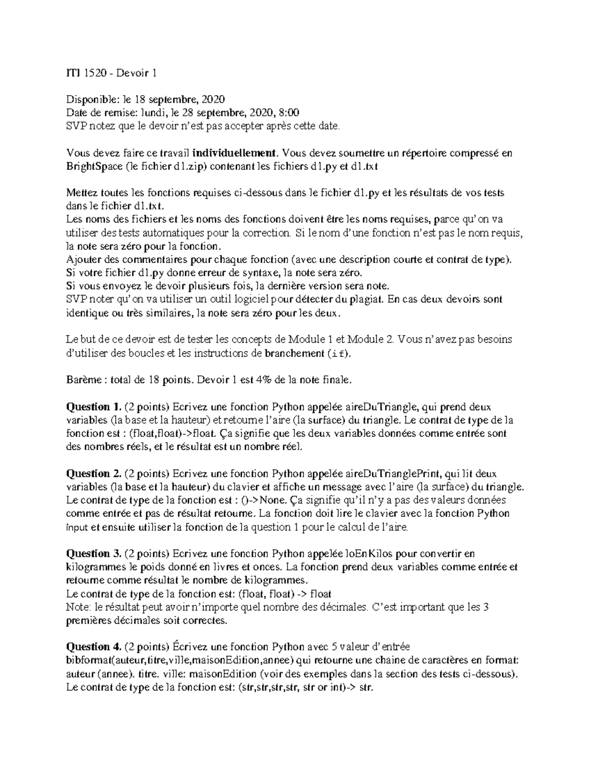 D1 2020 - Devoir 1 - ITI 1520 - Devoir 1 Disponible: le 18 septembre ...