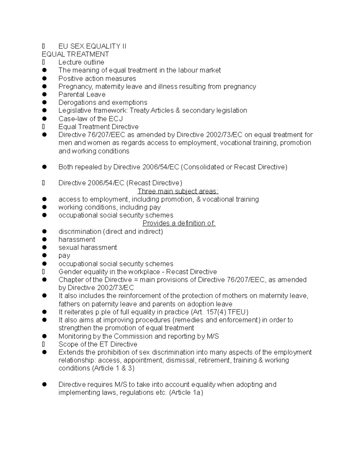 Eu Sex Equality Ii Eu Sex Equality Ii Equal Treatment Lecture Outline