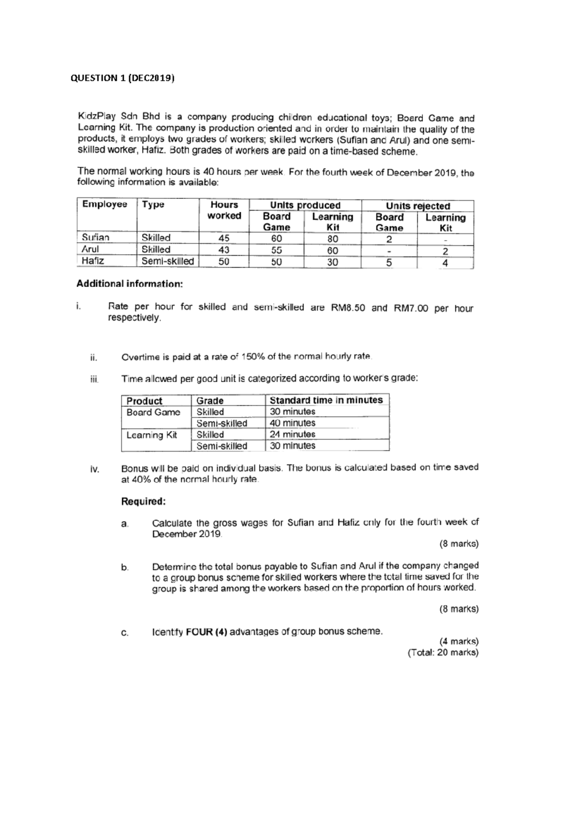 Practise Question Bonus - Introduction To Cost Accounting - QUESTION 1 (DEC2019) QUESTION 2 ...