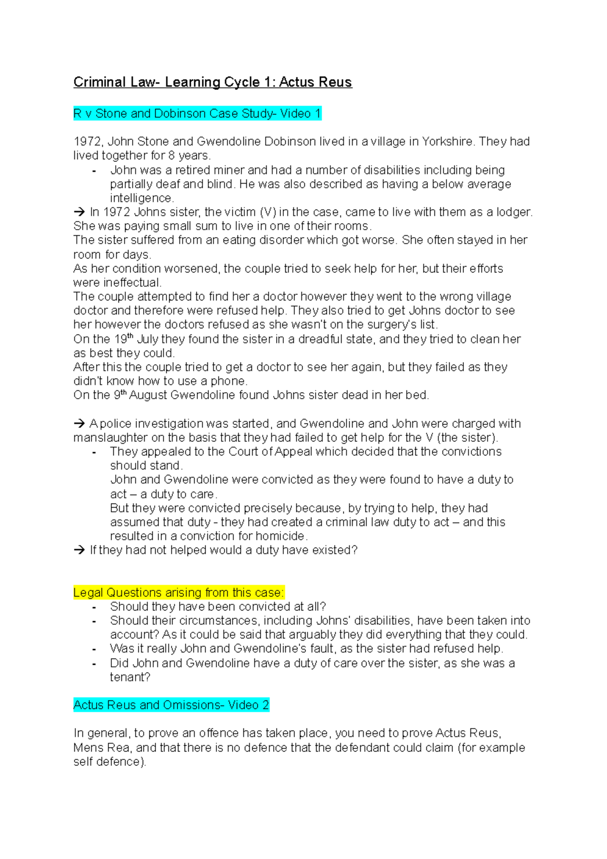 Criminal Law LC1 Notes - Criminal Law- Learning Cycle 1: Actus Reus R v ...