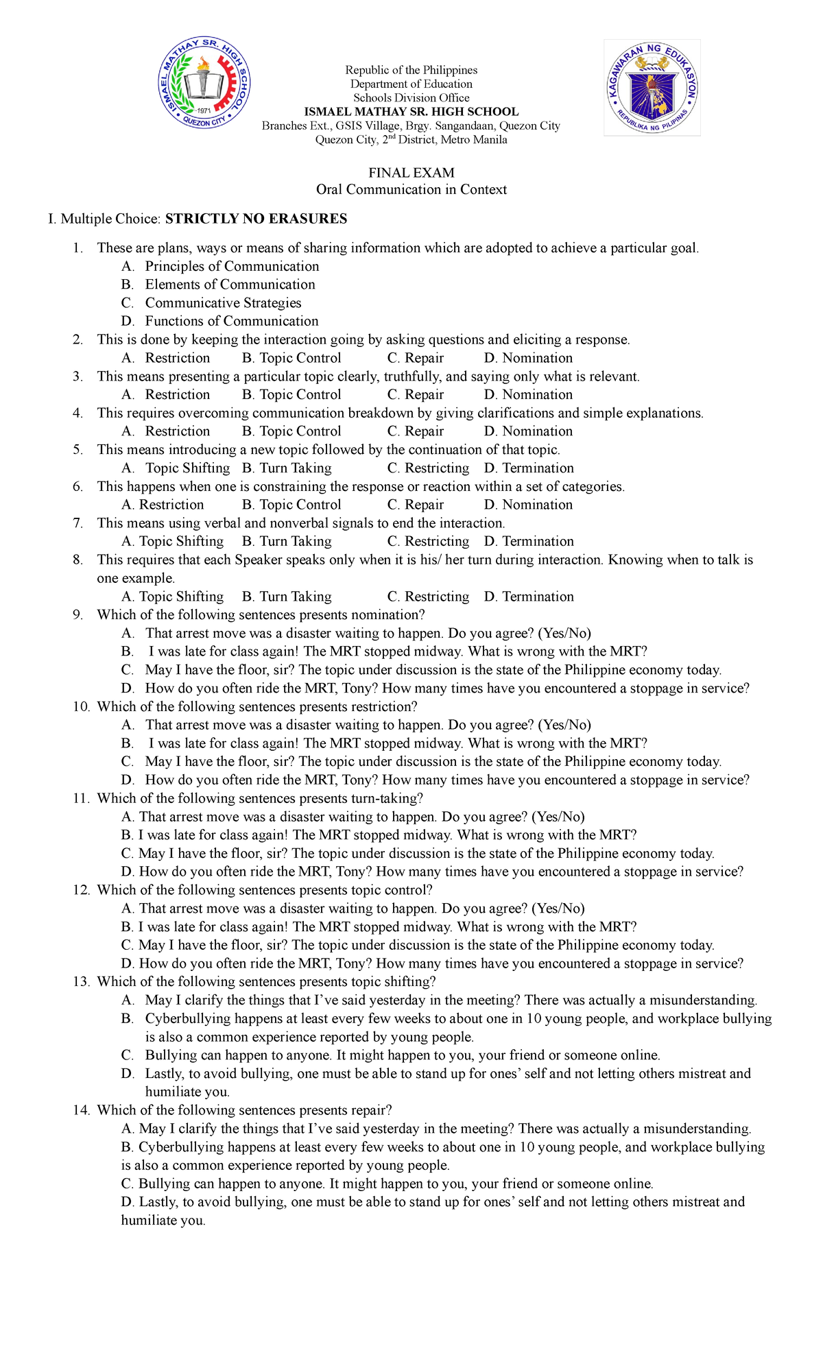 Final EXAM ORAL Comrevised - Republic of the Philippines Department of ...