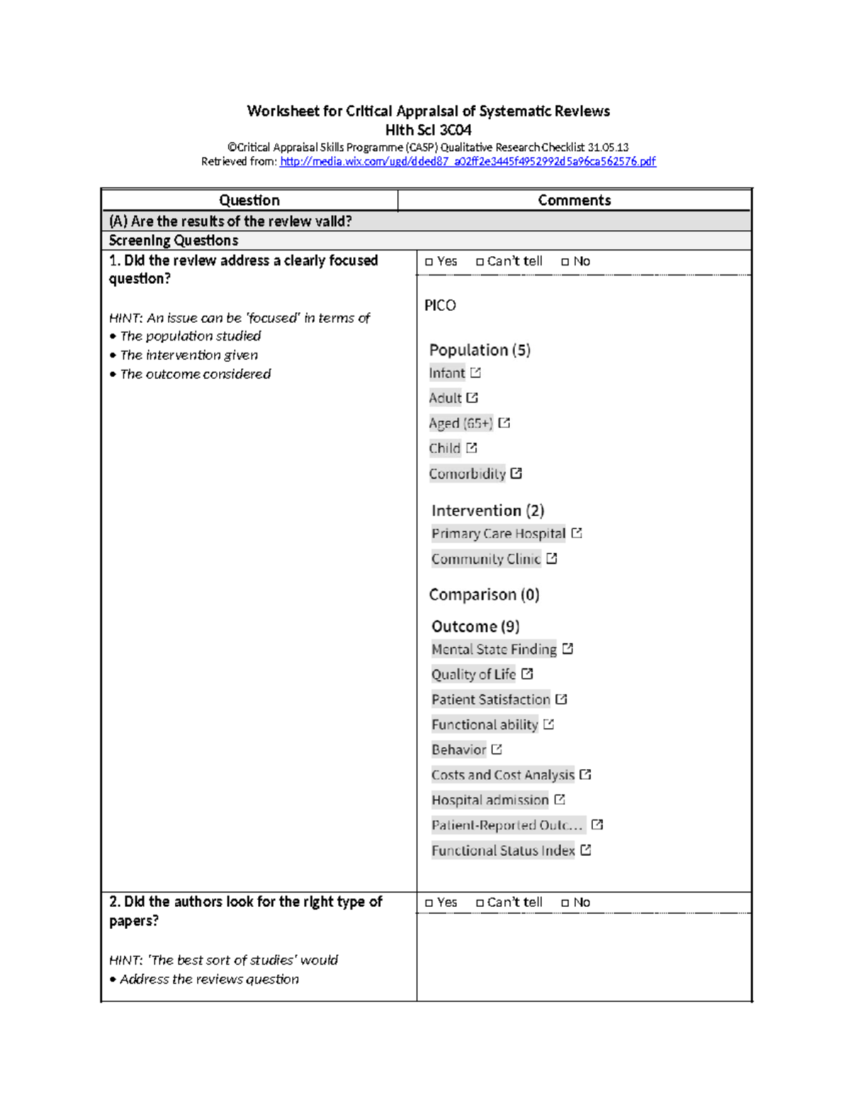 Worksheet for Critical Appraisal of Systematic Reviews - Hlth Sci 3C04 ...