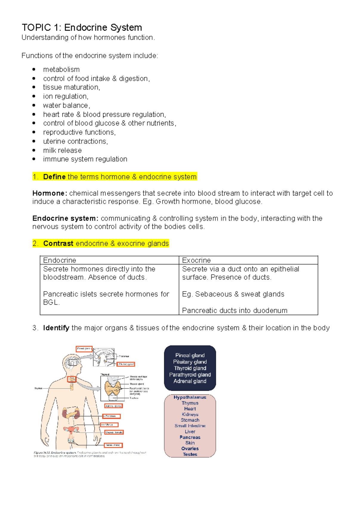 BMS182 Topic 1 Endocrine - TOPIC 1: Endocrine System Understanding of ...