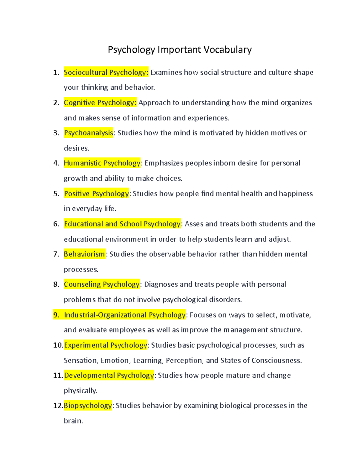 Psychology Important Vocabulary - Psychology Important Vocabulary ...