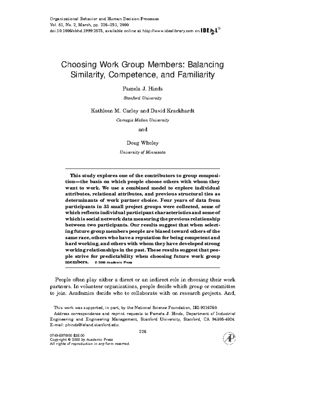 2000 choosing workgroup members - Organizational Behavior and Human ...