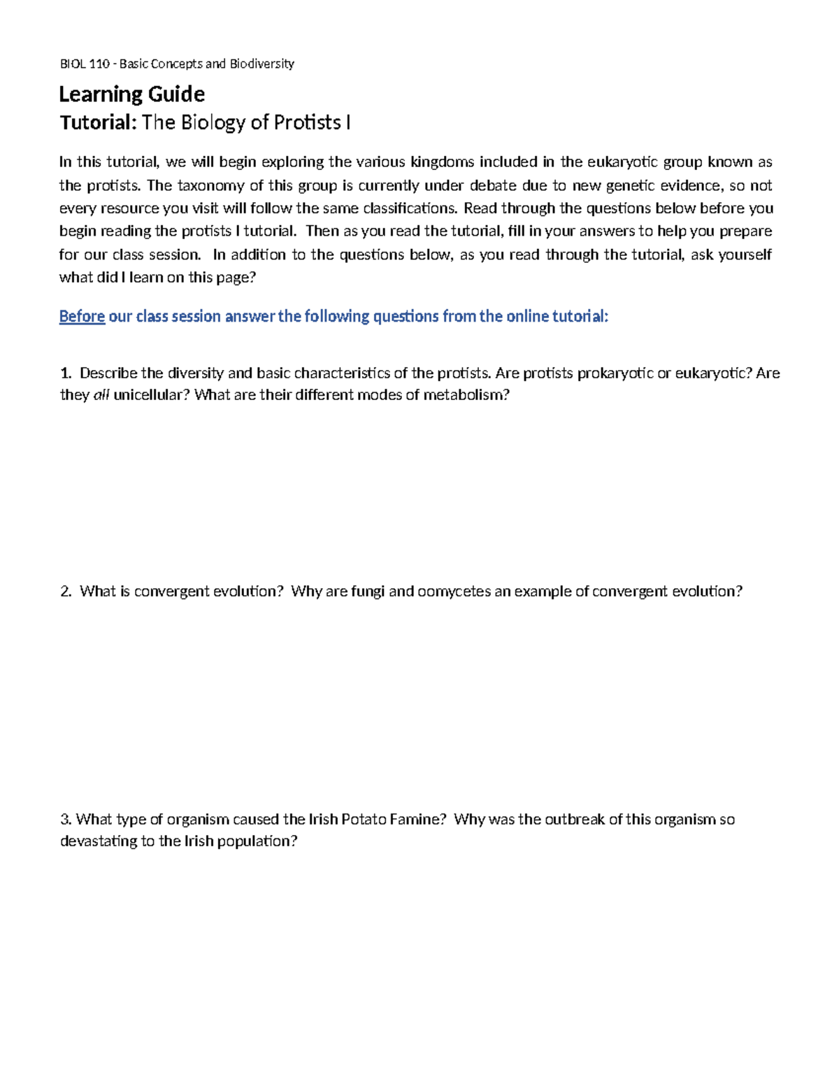 BIOL 110 Learning Guide for Tutorial 7 The Biology of Protists I ...