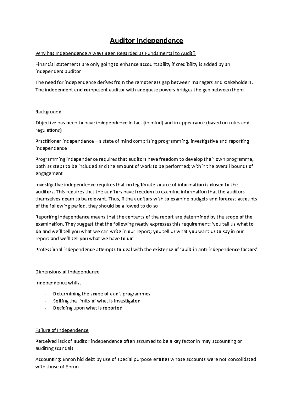 Auditor Independence Notes - Auditor Independence Why has Independence ...