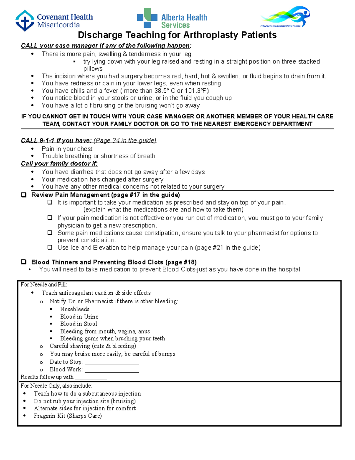 Arthroplasty Discharge Info to Clinic - Discharge Teaching for ...