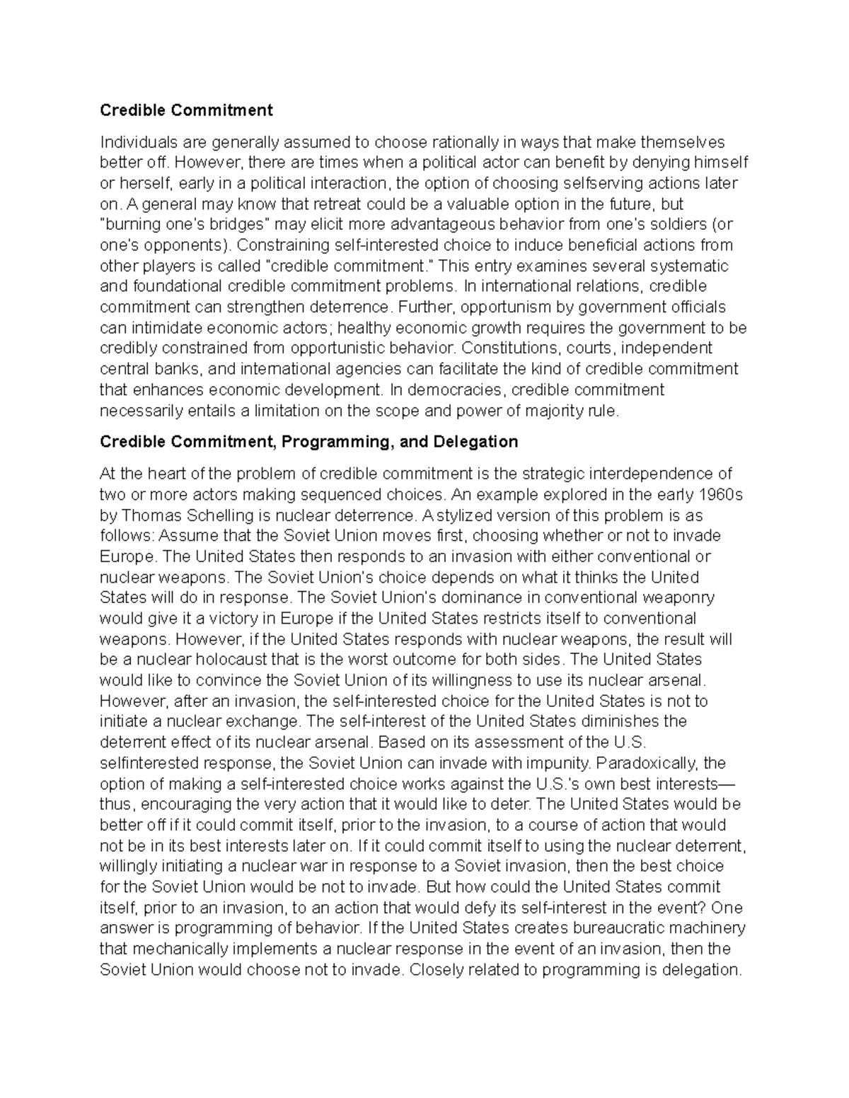 Credible Commitment - Credible Commitment Individuals are generally ...