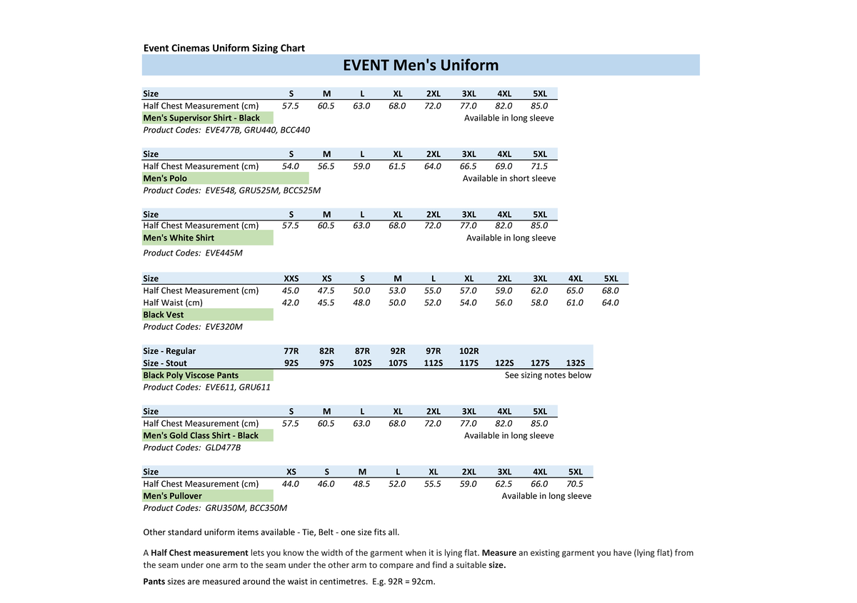 Uniform Fitting Measurements - Event Cinemas Uniform Sizing Chart Size ...
