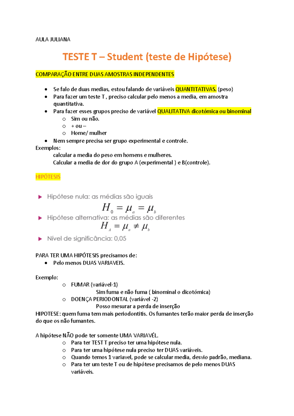 Teste T e Anova - aee - AULA JULIANA TESTE T – Student (teste de ...