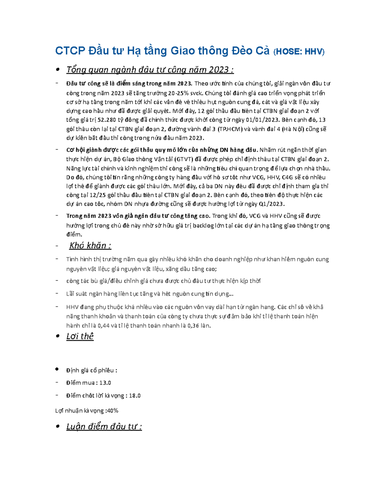 CTCP Đầu tư Hạ tầng Giao thông Đèo Cả - CTCP Đầu tư Hạ tầng Giao thông Đèo Cả (HOSE: HHV) T ng ...