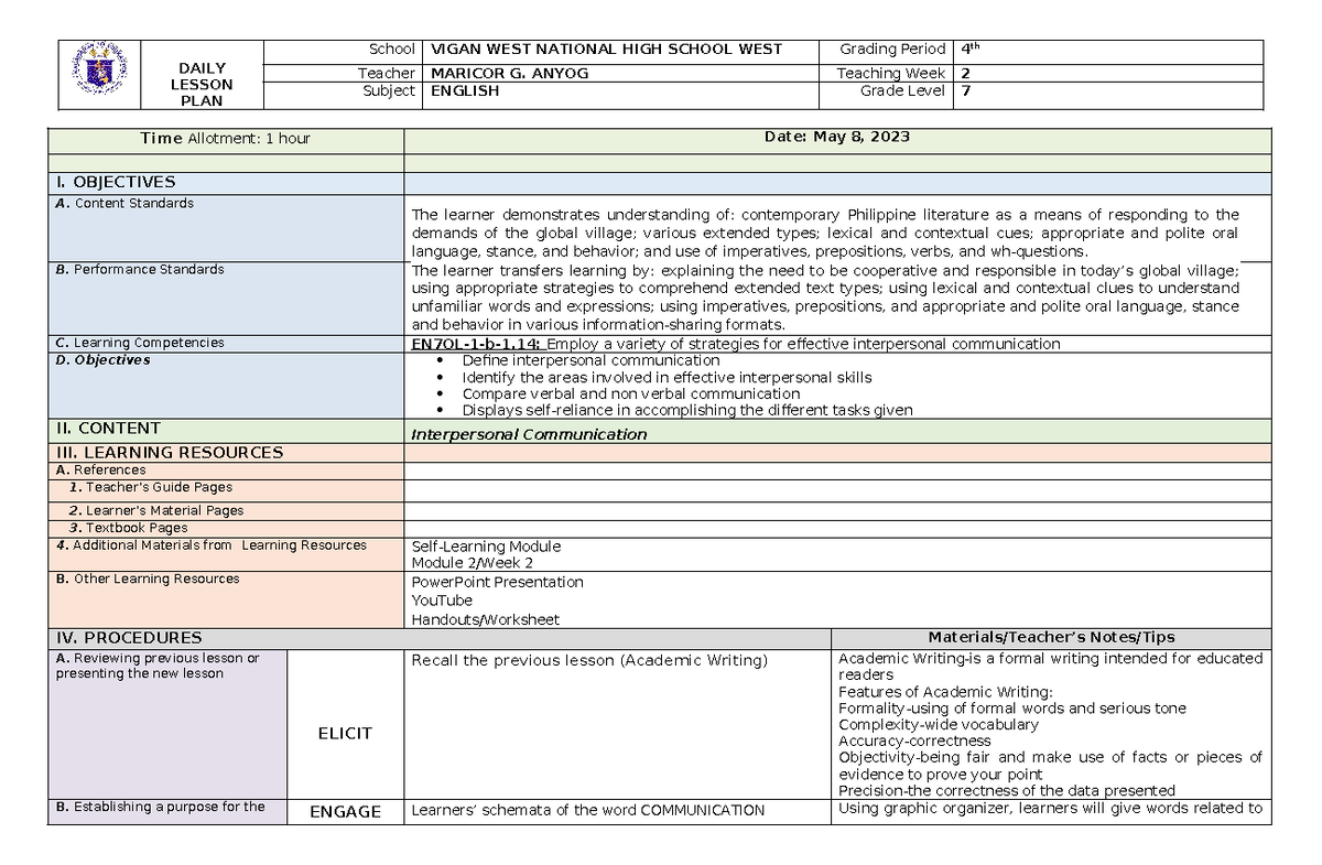 Daily Lesson Plan Grade 7 - DAILY LESSON PLAN School VIGAN WEST ...