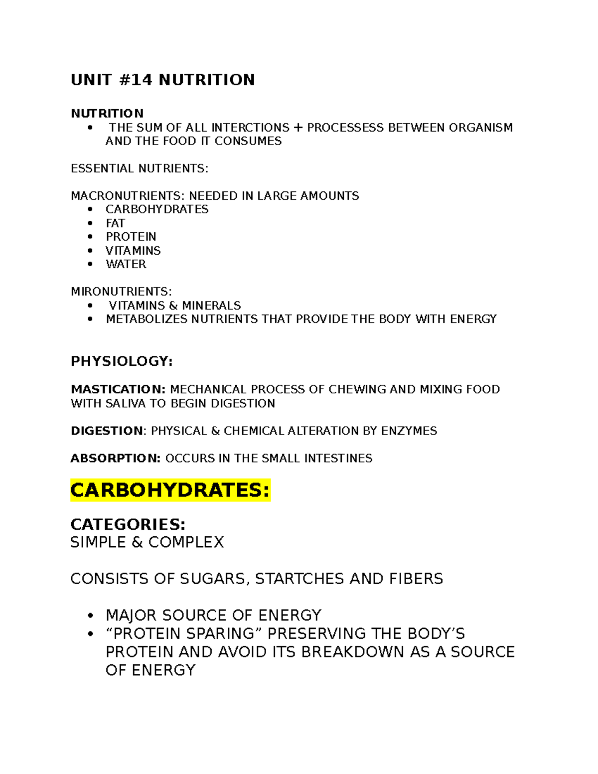 Nutrition - UNIT #14 NUTRITION NUTRITION THE SUM OF ALL INTERCTIONS ...