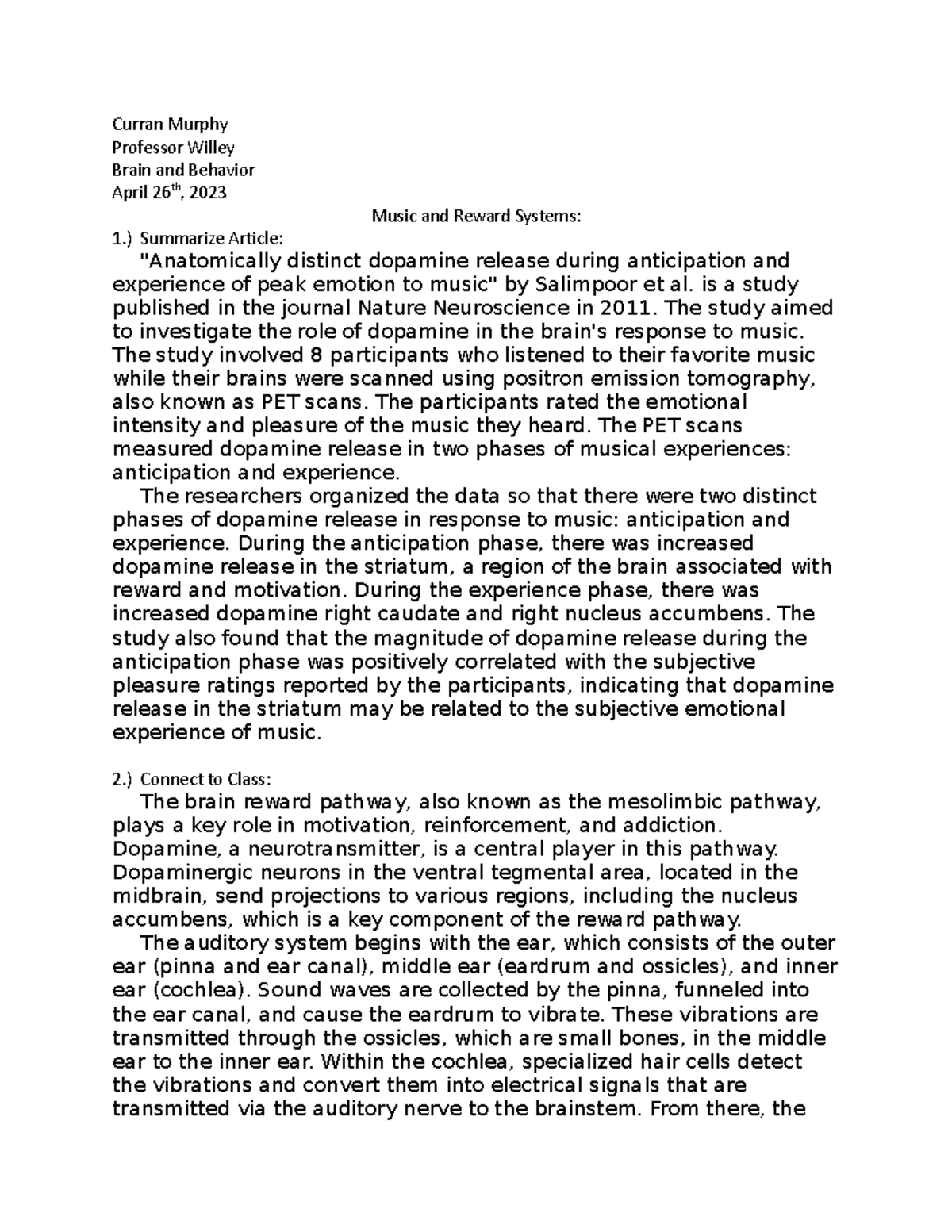 Brain and Behavior Term Paper - Curran Murphy Professor Willey Brain ...