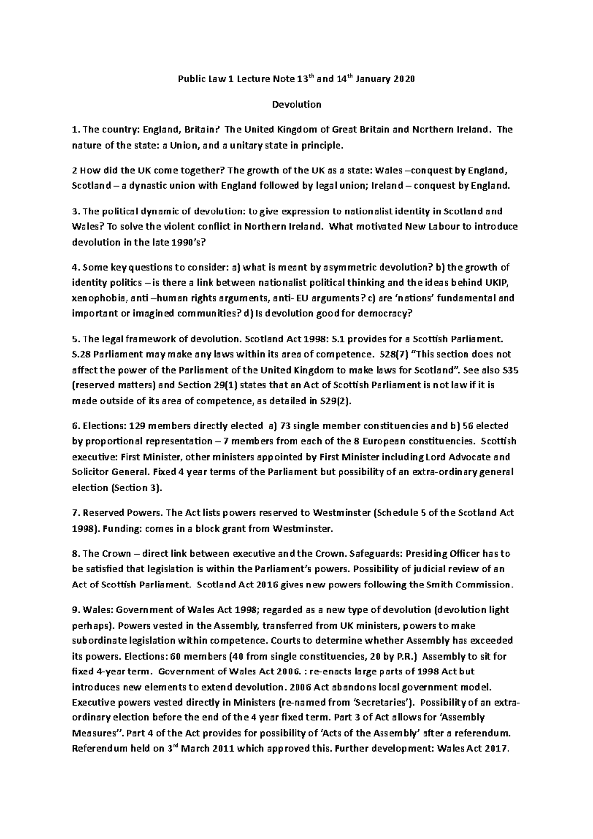 Public Law 1 Lecture Note Devolution - Public Law 1 Lecture Note 13th and 14th January 2020 ...