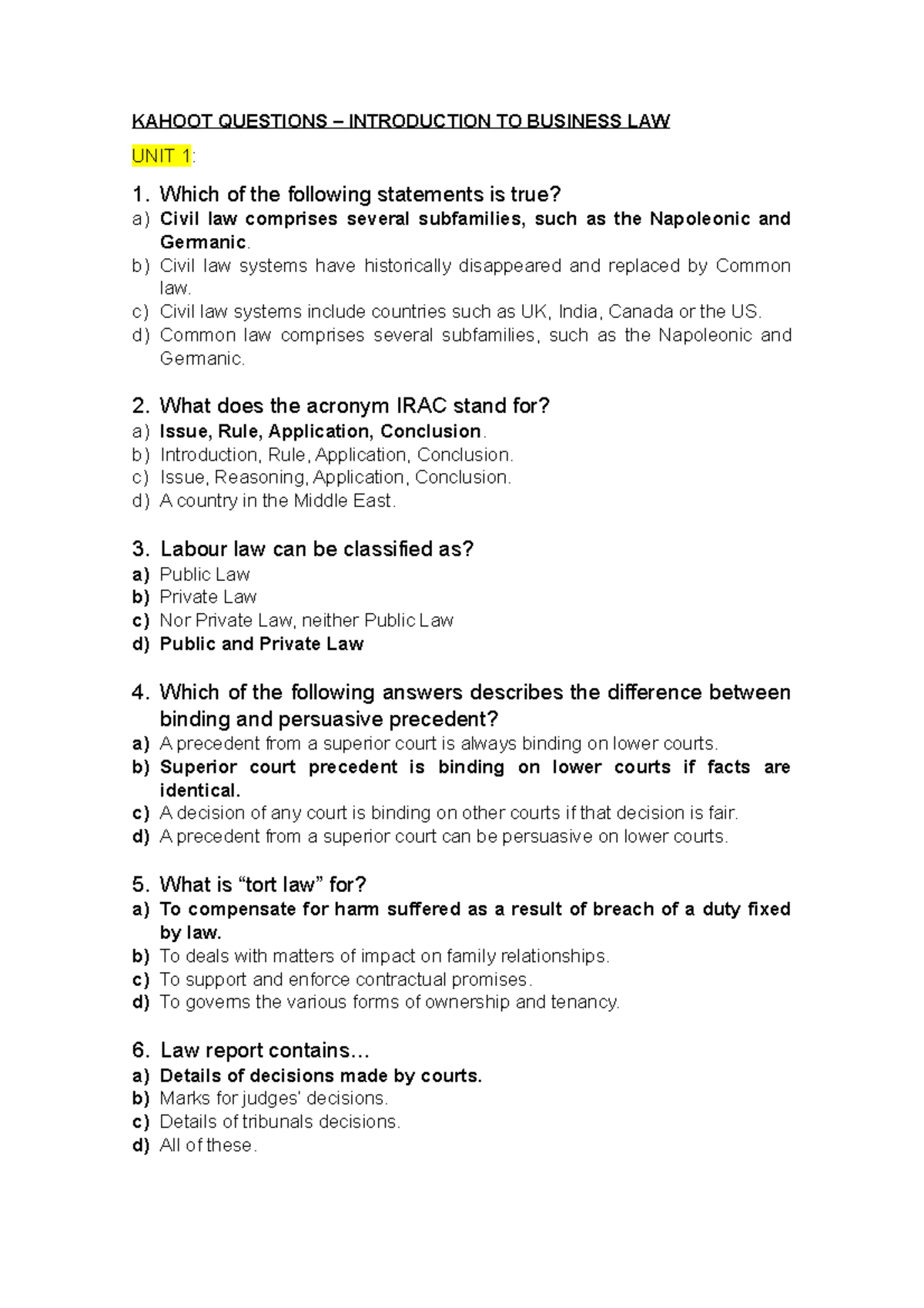 Kahoot Questions - KAHOOT QUESTIONS – INTRODUCTION TO BUSINESS LAW UNIT ...