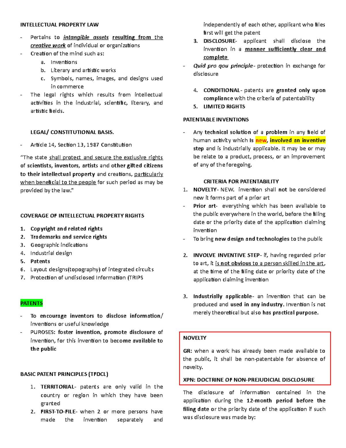 Intellectual Property LAW notes - INTELLECTUAL PROPERTY LAW Pertains to ...