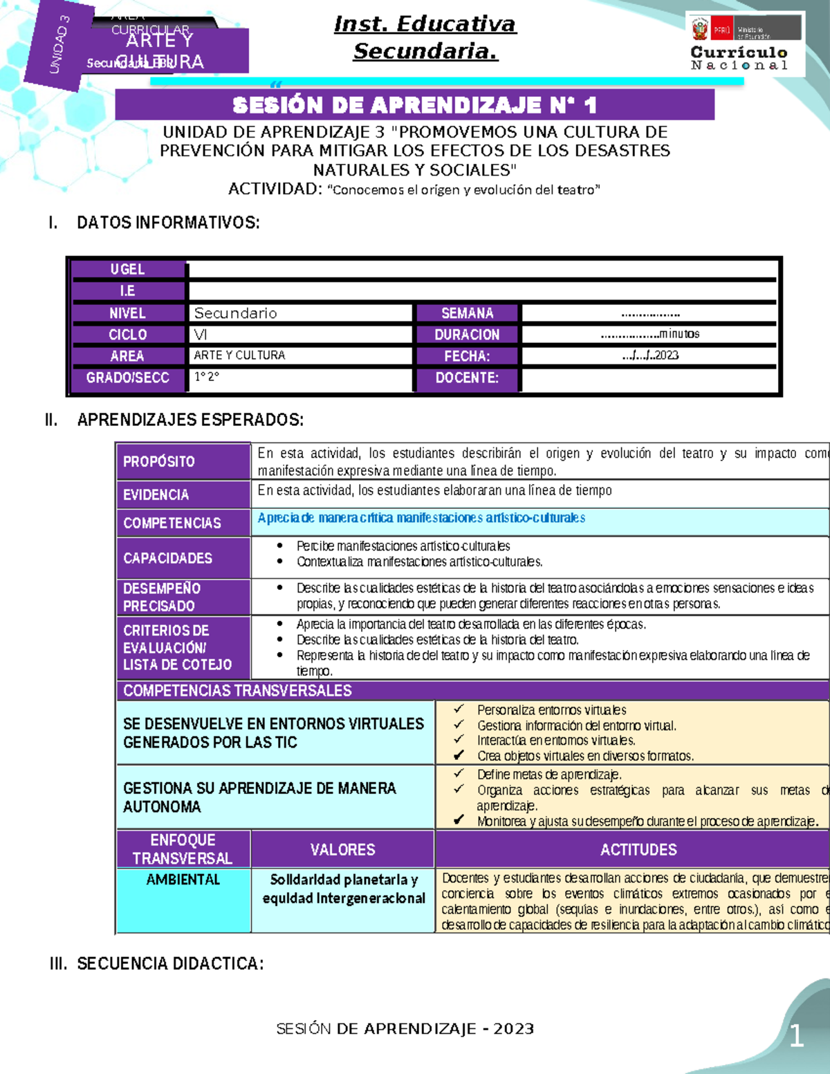1° 2° SES ACT 01 -AYC-U3 - ARTE - ARTE Y UNIDAD 3 Secundaria EBR ...