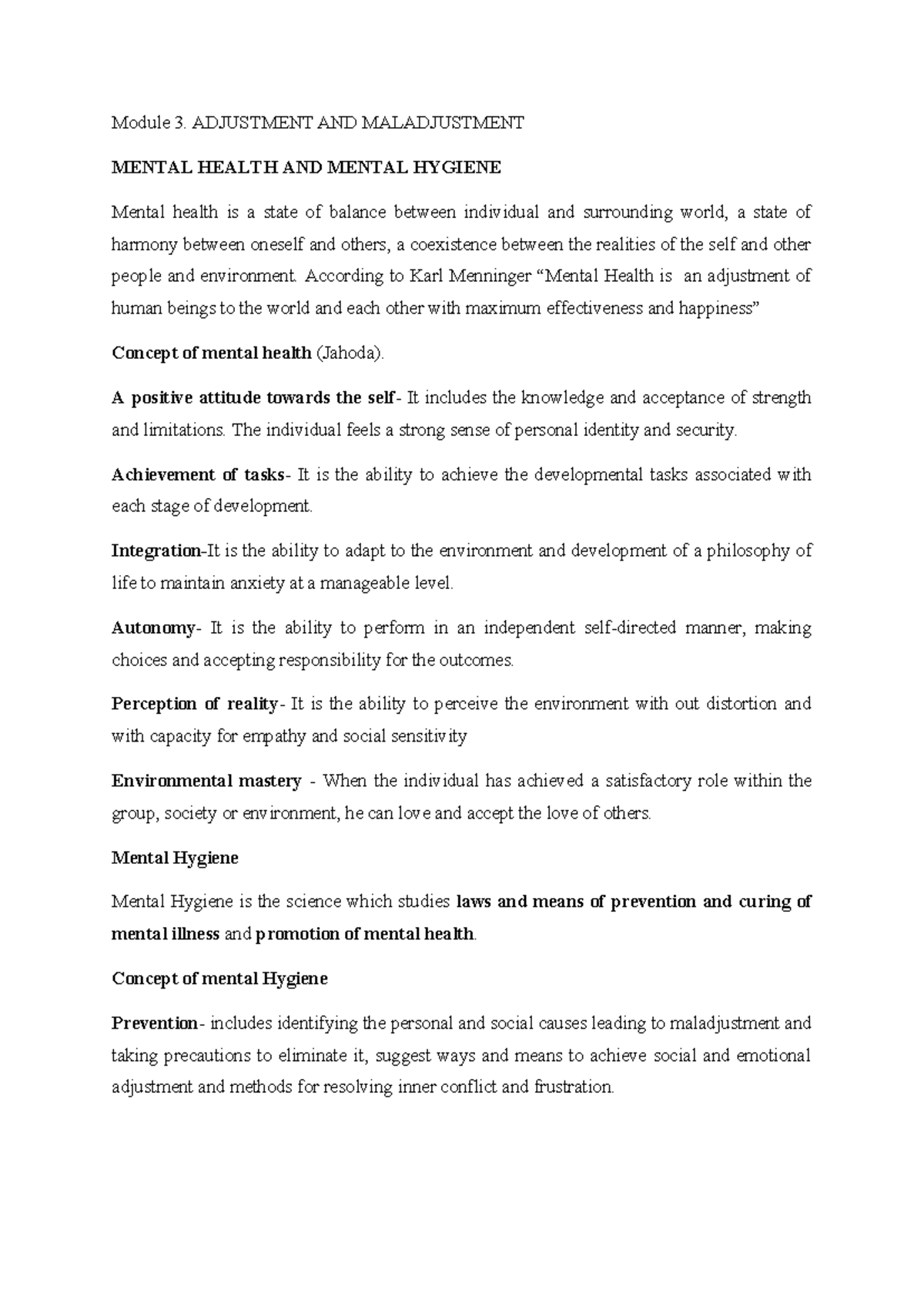 SEM 4 MOD 3 - Module 3. ADJUSTMENT AND MALADJUSTMENT MENTAL HEALTH AND ...