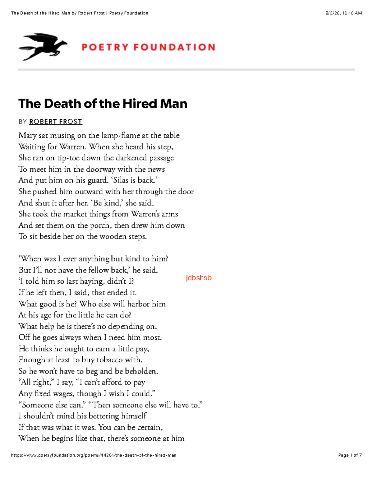 The Death of the Hired Man by Robert Frost Poetry Foundation - The ...