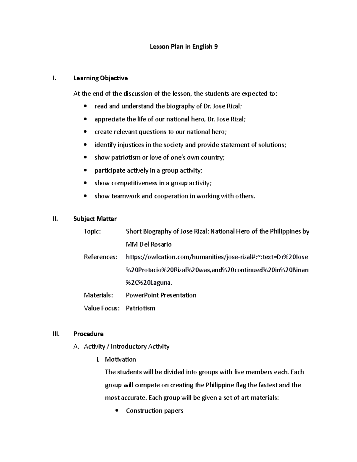 LP Prose - Lesson Plan in English 9 I. Learning Objective At the end of ...
