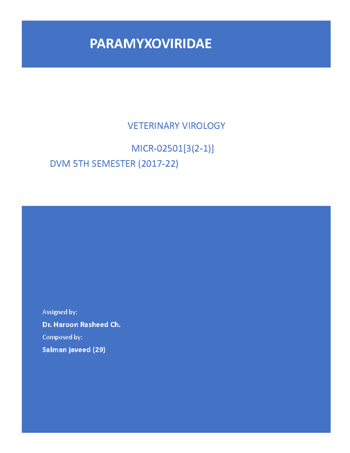 Paramyxoviridae - PARAMYXOVIRIDAE Assigned by: Dr. Haroon Rasheed Ch. Composed by: Salman javeed ...