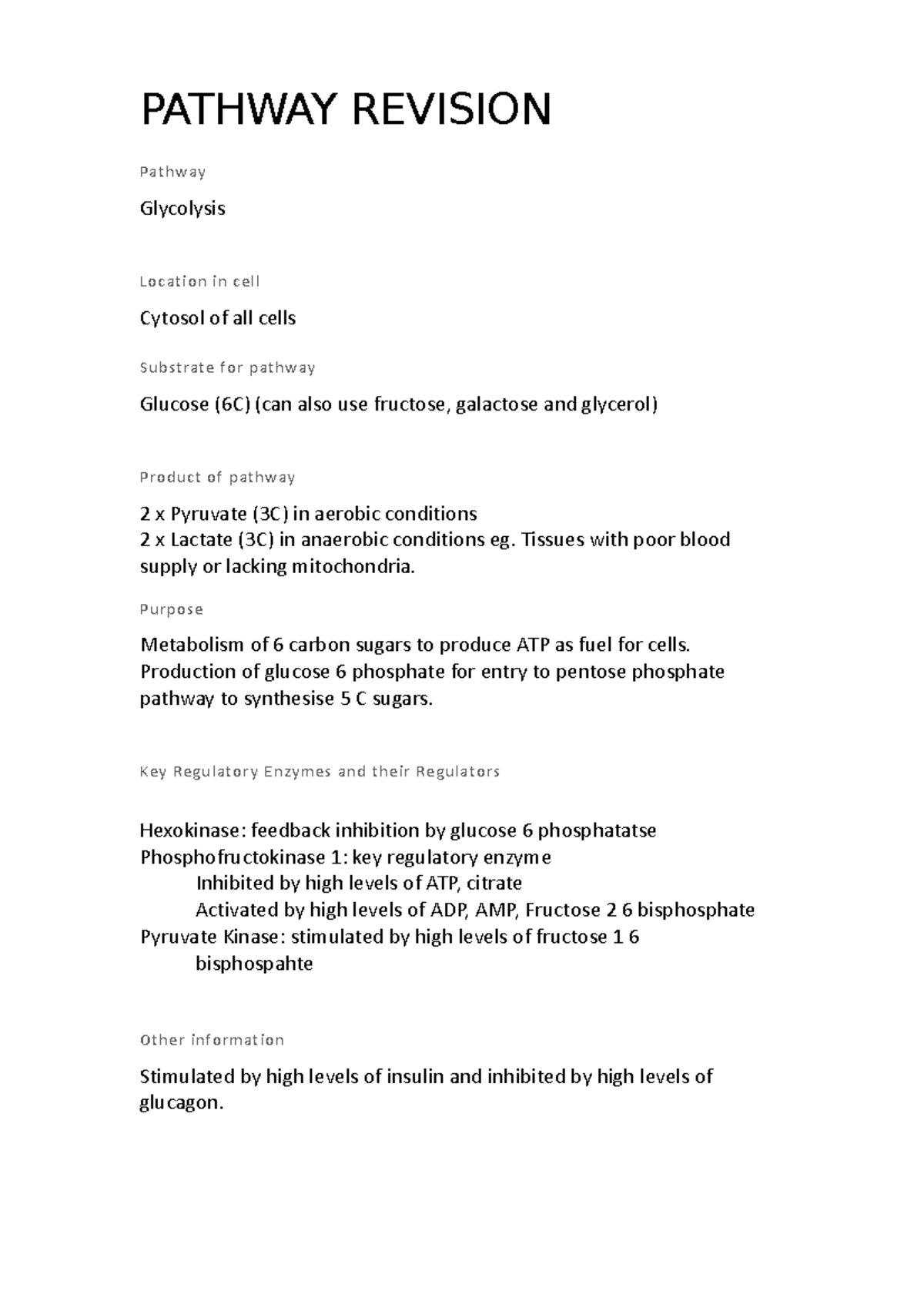 Pathway revision sheet for Glycolysis - PATHWAY REVISION Pathway ...